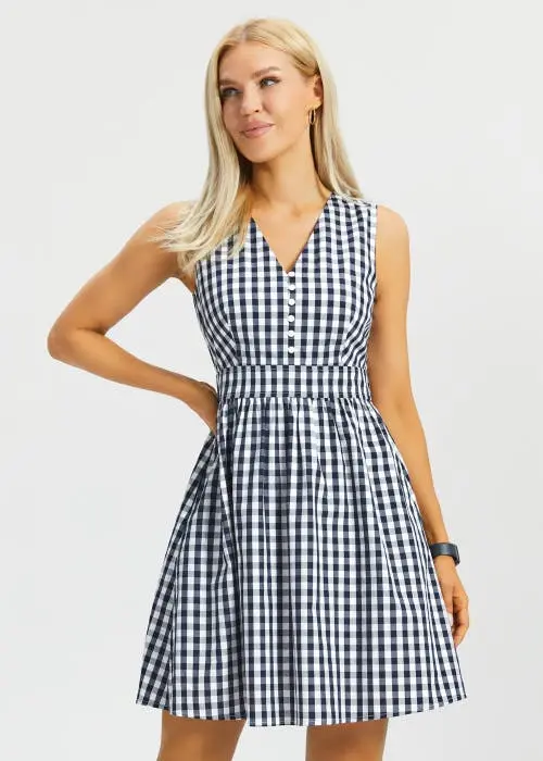 Betabrand Gingham Fit And Flare Dress - Navy
