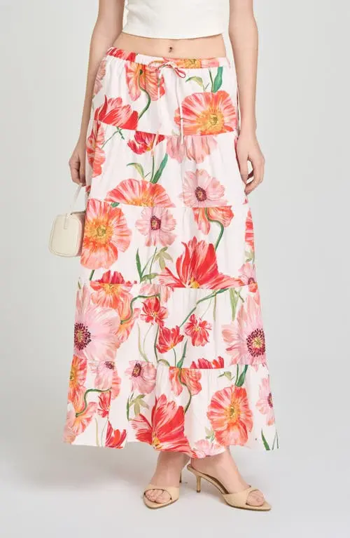 WAYF Floral Tiered Midi Skirt - Ivory Poppies