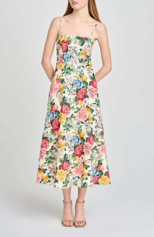 WAYF Josefina Floral Linen Blend Midi Dress - Ivory Roses