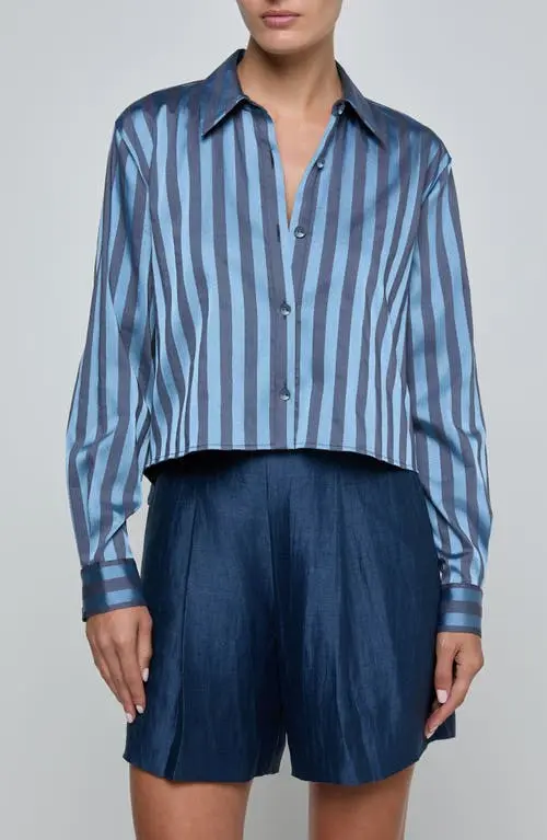 L'Agence Cosette Stripe High-low Crop Button-up Shirt - Blue Multi Stripe