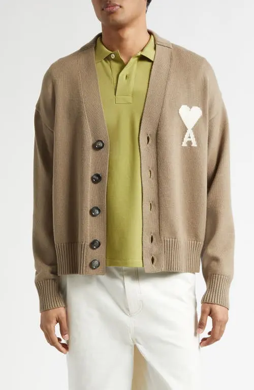 Ami De Coeur Intarsia Wool & Cotton Cardigan - Beige Taupe/ecru