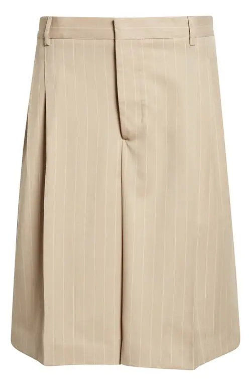 Ami Pleated Pinstripe Wide Leg Wool Gabardine Bermuda Shorts - Beige Taupe/blanc Creme