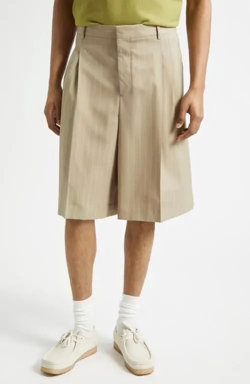 Ami Pleated Pinstripe Bermuda Shorts - Beige Taupe/blanc Creme