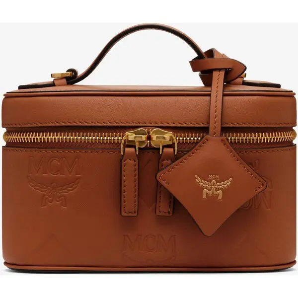Mcm Mini Aren Vanity Case In Maxi Monogram Leather - Mocha Bisque