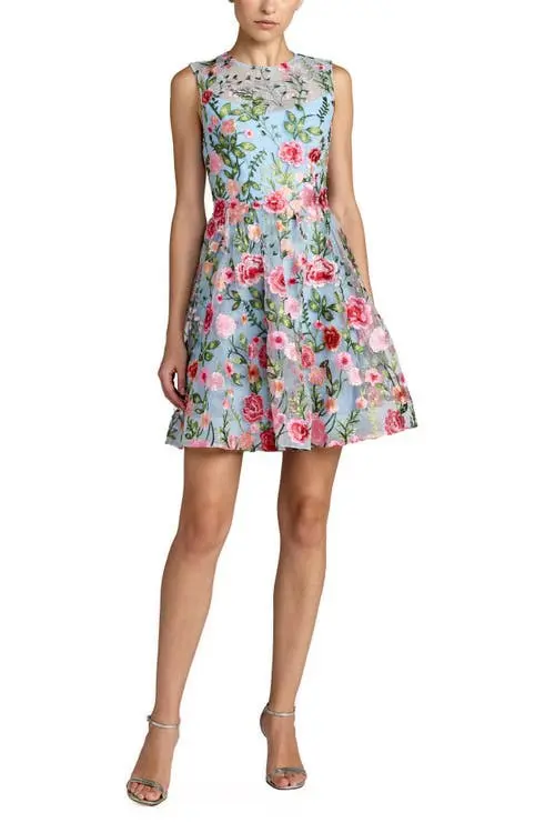 Mac Duggal Floral Embroidered A-line Mini Dress - Powder Blue Multi