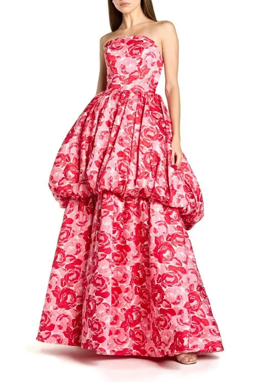 Mac Duggal Strapless Floral Brocade Ballgown - Pink Multi
