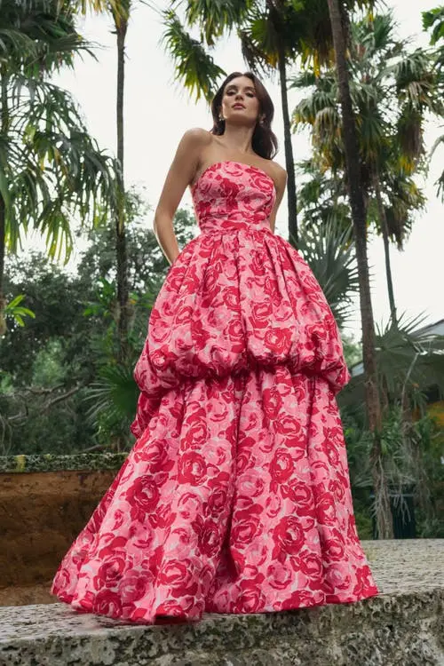 Mac Duggal Strapless Floral Brocade Ballgown