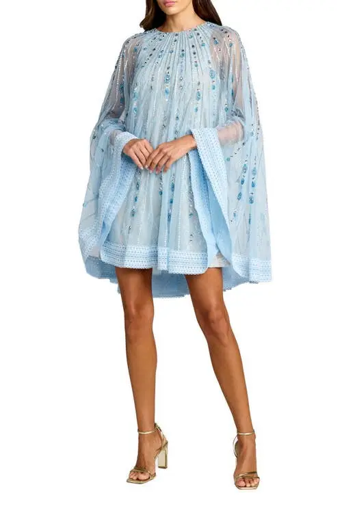 Mac Duggal Hand-beaded Lace Trapeze Mini Dress With Cape Sleeves - Powder Blue Nude