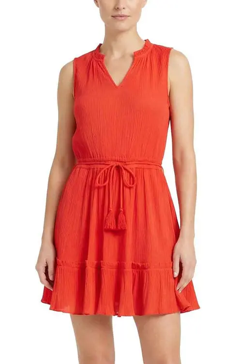 CHANGE OF SCENERY Beth Smock Waist Cotton Short Dress - Guava Red