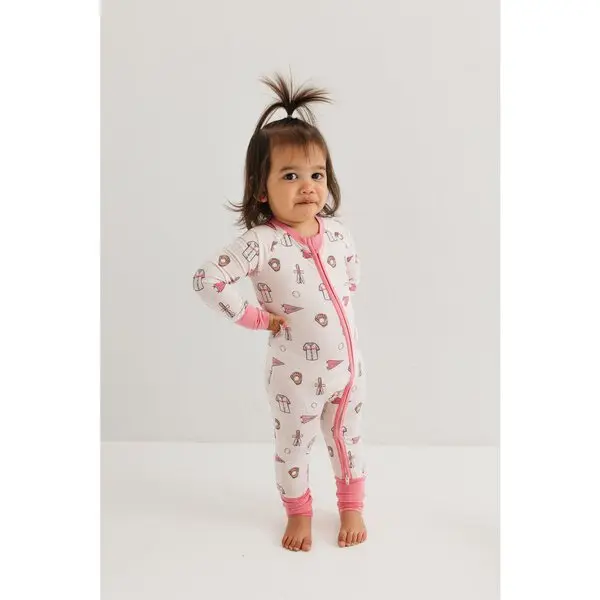 IN MY JAMMERS Baseball Print Zipper Romper - Pink
