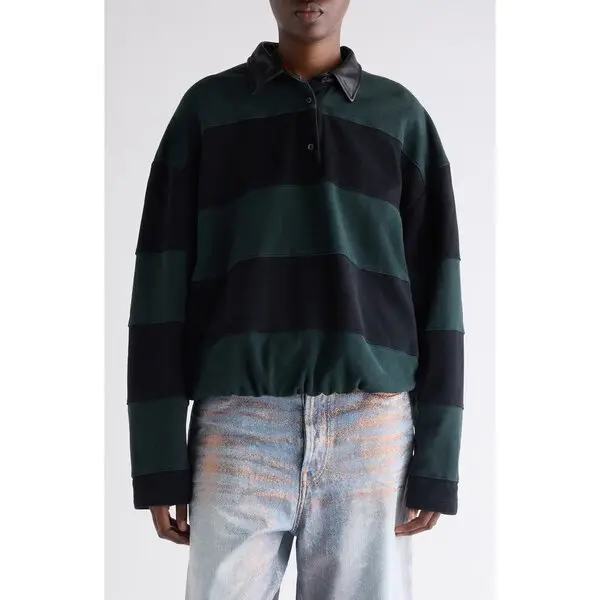 Acne Studios Striped Organic Cotton Fleece Polo Sweatshirt - Forest Green/black