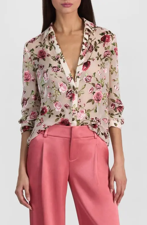 Alice + Olivia Eloise Floral Silk Button-up Shirt - Garden Gossip Off White