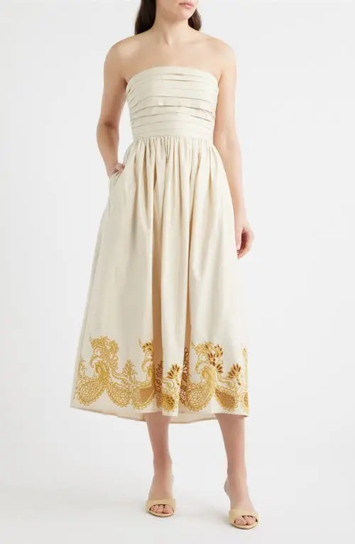 CECE DUPRAZ Embroidered Pintuck Strapless Maxi Dress - Soft Ecru