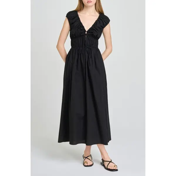 WAYF Ruched Stretch Cotton Poplin Midi Dress - Black