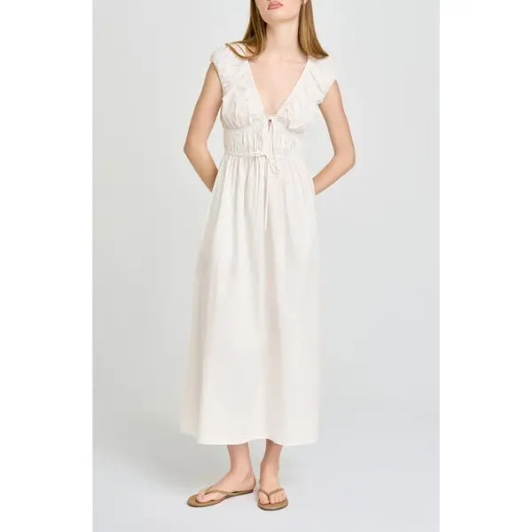 WAYF Ruched Stretch Cotton Poplin Midi Dress - Ivory