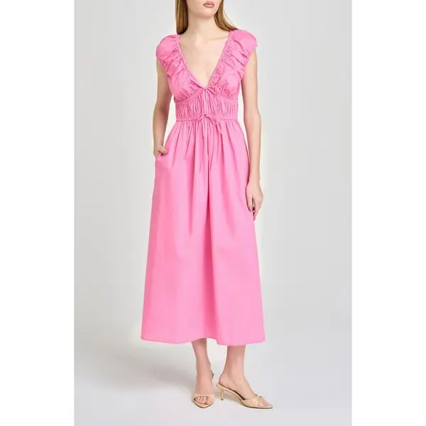 WAYF Ruched Stretch Cotton Poplin Midi Dress - Poppy Pink