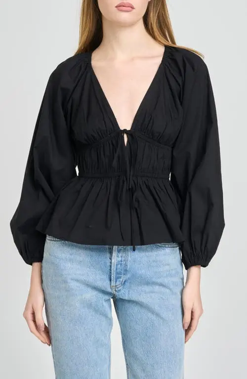 WAYF Jess Drawstring Cotton Poplin Top - Black