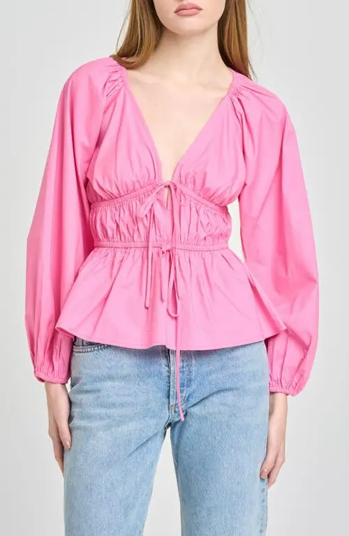 WAYF Jess Drawstring Cotton Poplin Top - Poppy Pink