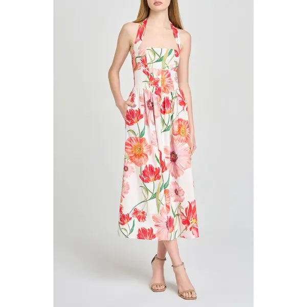 WAYF Camellia Floral Halter Neck Cotton Dress - Ivory Poppies