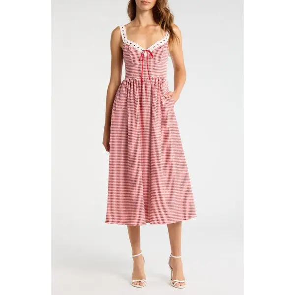 WAYF Gingham Lace Trim Midi Dress