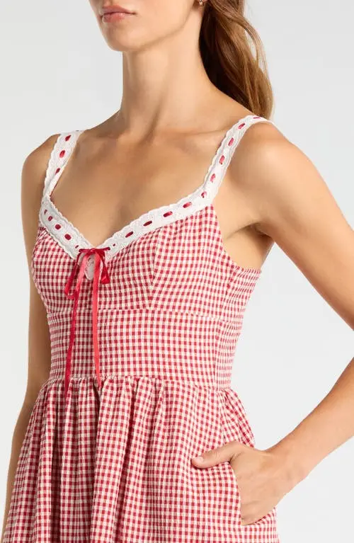 WAYF Gingham Lace Trim Midi Dress