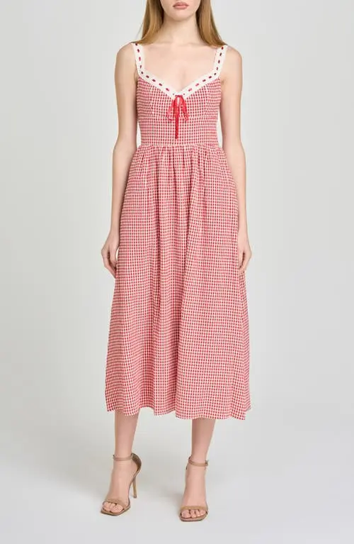 WAYF Gingham Lace Trim Midi Dress