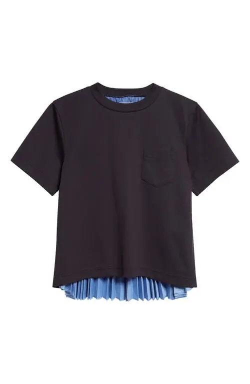 Sacai Mixed Media Pleated Poplin & Jersey Pocket T-shirt - Navy/blue Stripe