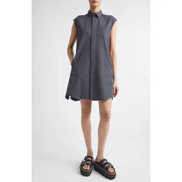 Sacai Stripe Cap Sleeve Poplin & Chiffon Shirtdress