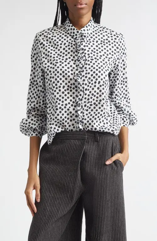 R13 Polka Dot Ruffle Trim Button-up Shirt - White With All Over Polka Dot