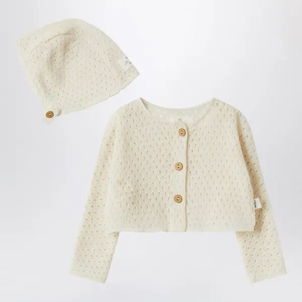TEDDY & MINOU Cream-colored Cardigan And Hat In Openwork Knit - White