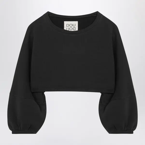DOUUOD Cotton Cropped Sweatshirt - Black