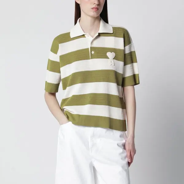 Ami De Coeur Striped Cotton Knit Polo Shirt - White