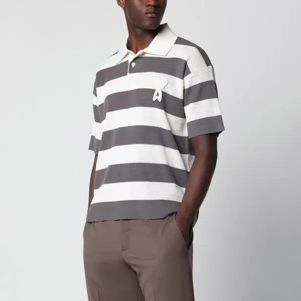 AMI Paris De Coeur Striped Knit Polo Shirt - White
