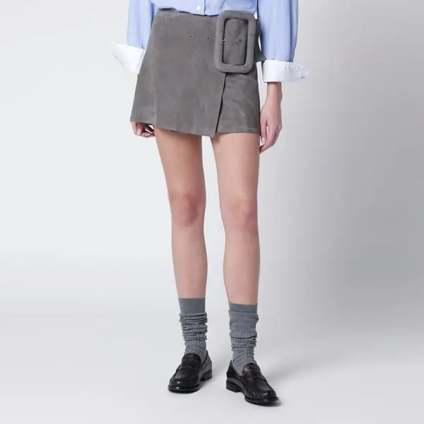 Ami Suede Mini Skirt With Large Buckle Belt - Grey