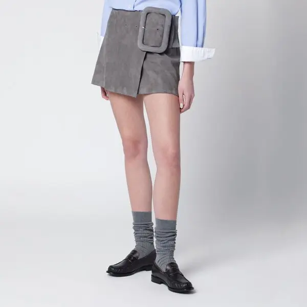 AMI Paris Suede Mini Skirt With Buckle Belt - Grey