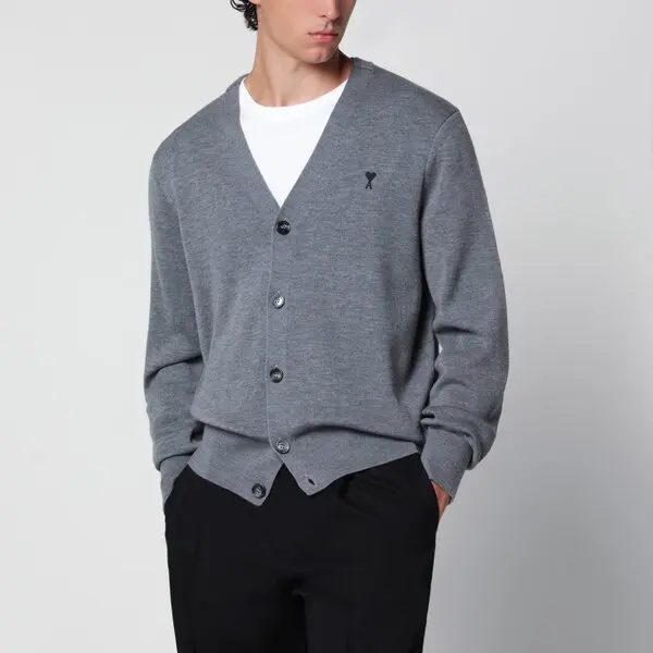 AMI Paris De Coeur Wool Cardigan - Grey