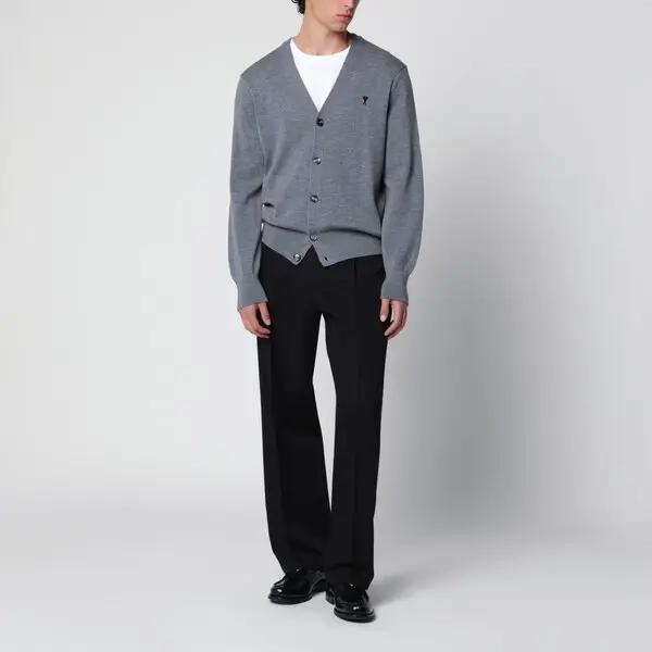 AMI Paris Wool Cardigan With De Coeur Embroidery