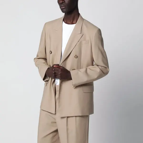 AMI Paris Double-breasted Virgin Wool Gabardine Jacket - Beige