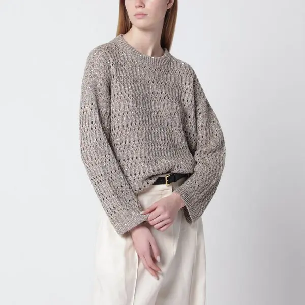 Brunello Cucinelli Crochet Crewneck Sweater With Sequin Embellishment - Beige