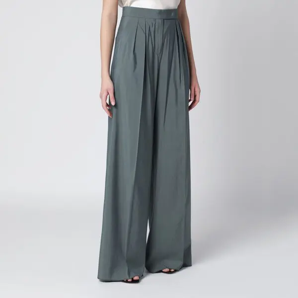Max Mara Dark Wide Trousers In Wool And Silk - Green