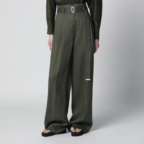 Max Mara High-waist Wide-leg Washed Linen Pants, Khaki - Green