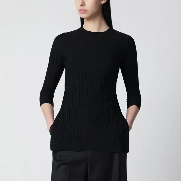 Max Mara Ribbed Crewneck Sweater In Crêpe Viscose - Black