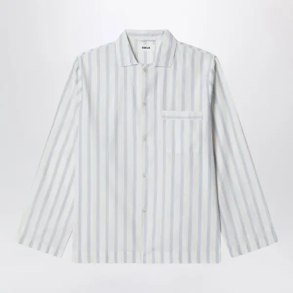 TEKLA Pajama Shirt With Light Blue Stripes - White