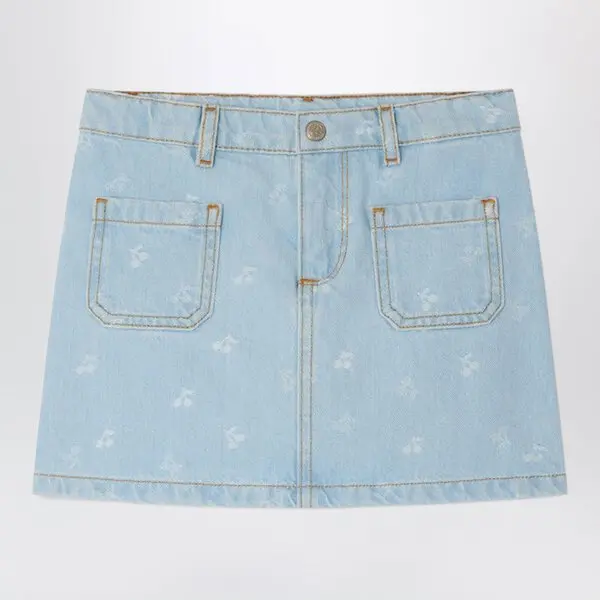 Bonpoint Tison Denim Skirt With Jacquard Cherries - Light Blue