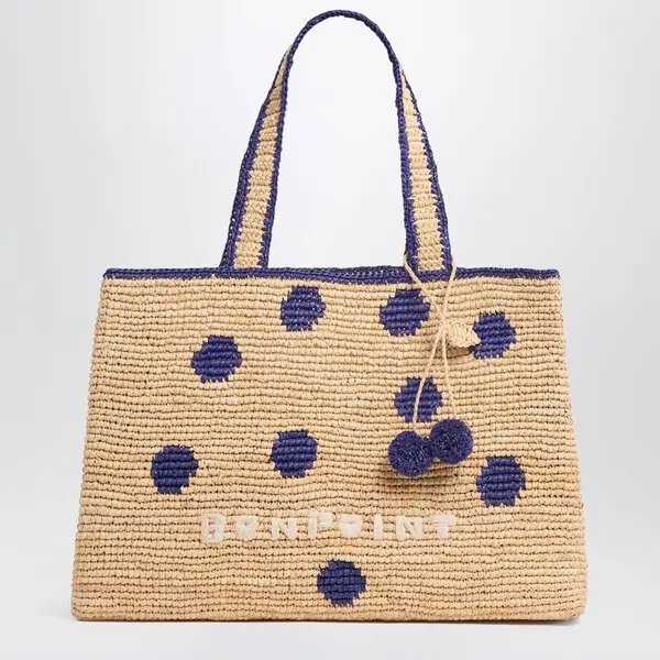 Bonpoint Esma Blue Polka Dot Raffia Bag - Beige