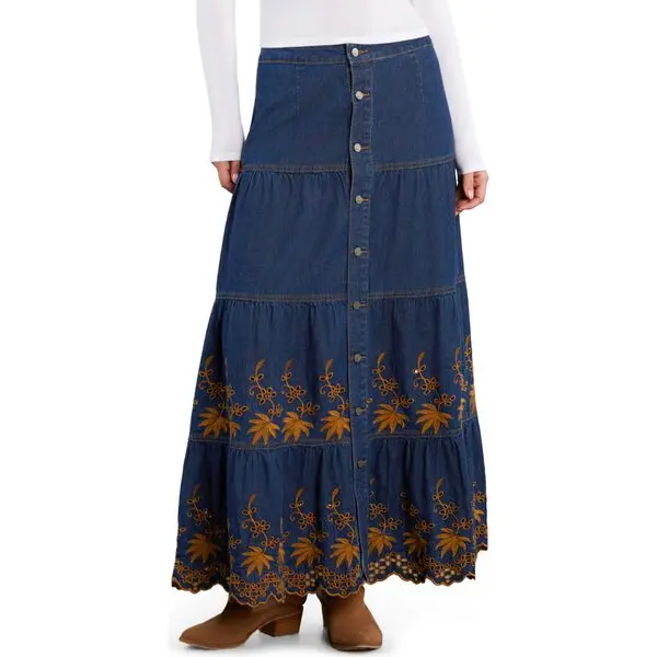 WASH LAB DENIM Tiered Eyelet Denim Midi Skirt - Boho Denim