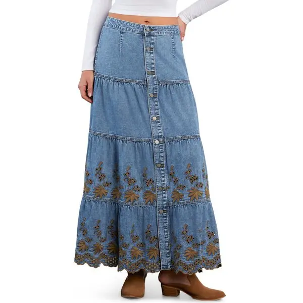 WASH LAB DENIM Tiered Eyelet Denim Midi Skirt - Sky Denim