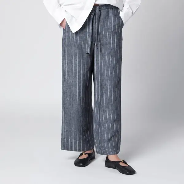 Max Mara Navy Denim-effect Pinstripe Linen Trousers - Blue