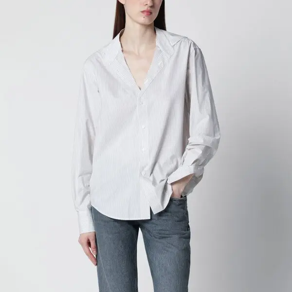 MAISON MARGIELA Pinstriped Cotton V-neck Shirt - White