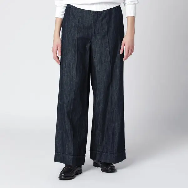 Max Mara Straight Navy Cotton And Linen Denim Trousers - Blue